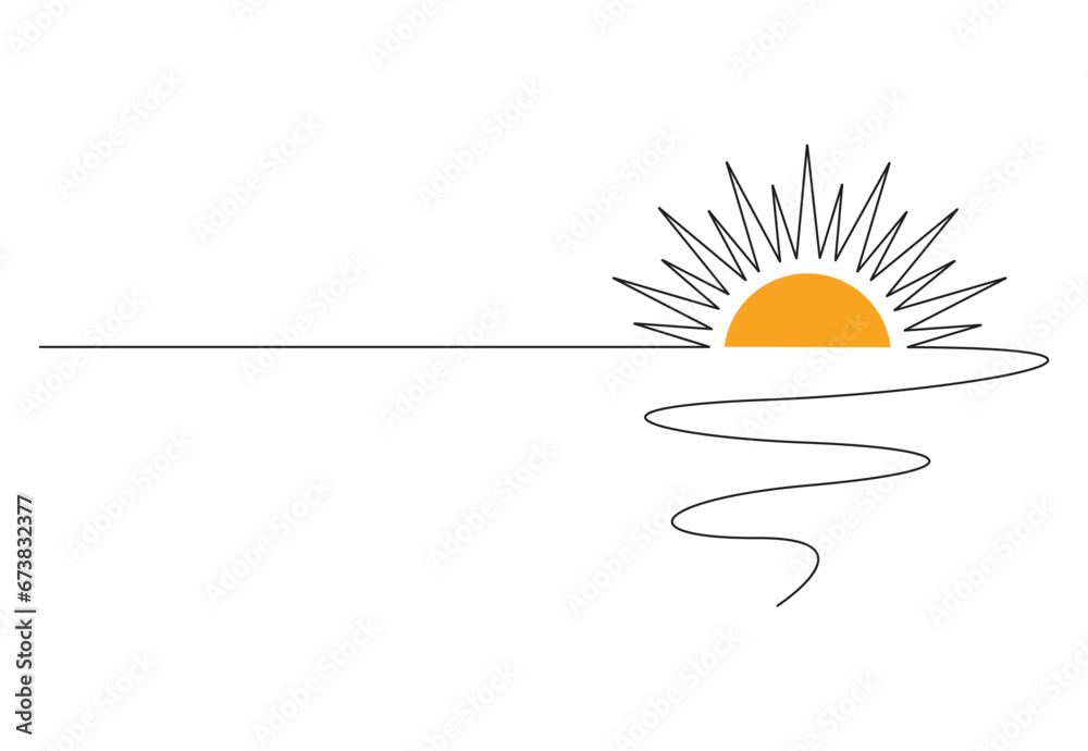 Sun on sea beach one black continuous one line drawing. Sunset sunrise ...
