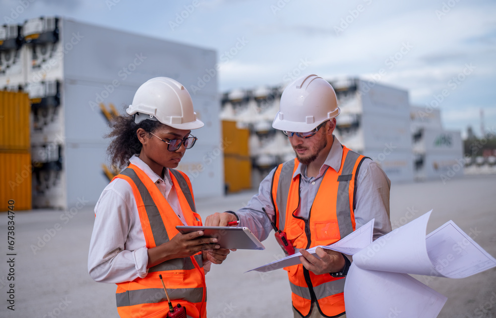 Engineer under discussion inspection and checking construction process ...