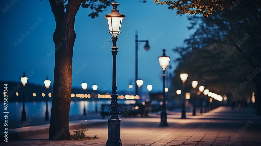 a row of brightly lit street lamps beside bay during night time. A ...