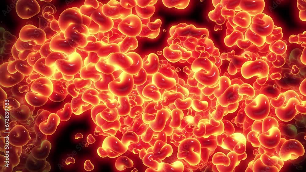 Three-dimensional image of cells. Cells in red-orange color. Abstract ...