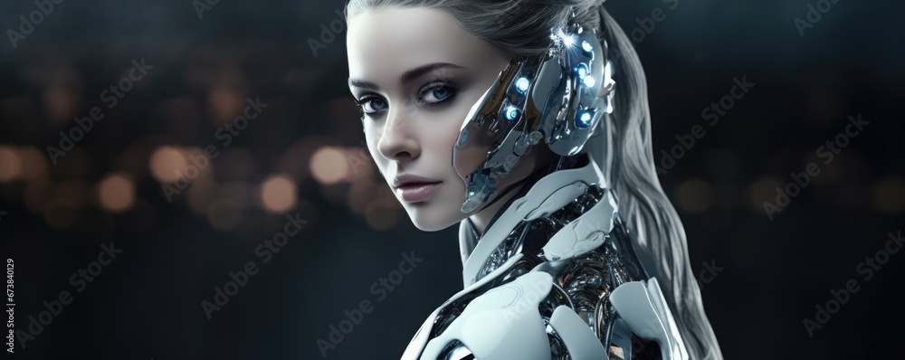 Cyborg woman with machine part of her face. Futuristic robotic girl ...