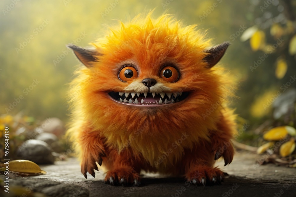 A little orange furry monster with teeth lurks in the colorful ...