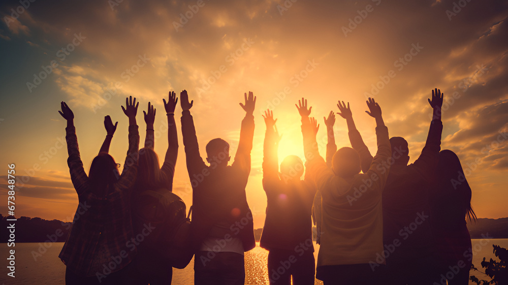 Young people rejoicing as they raise their hands to the sky ...