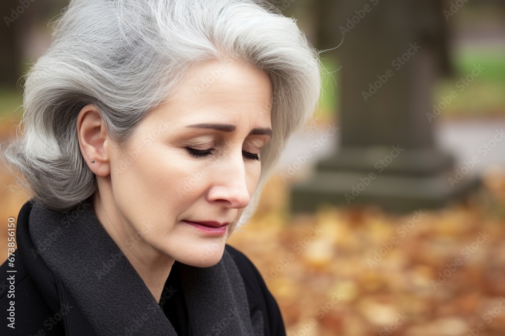 In Silent Remembrance: A Mature Lady Bows Her Head in Mourning Beside a ...