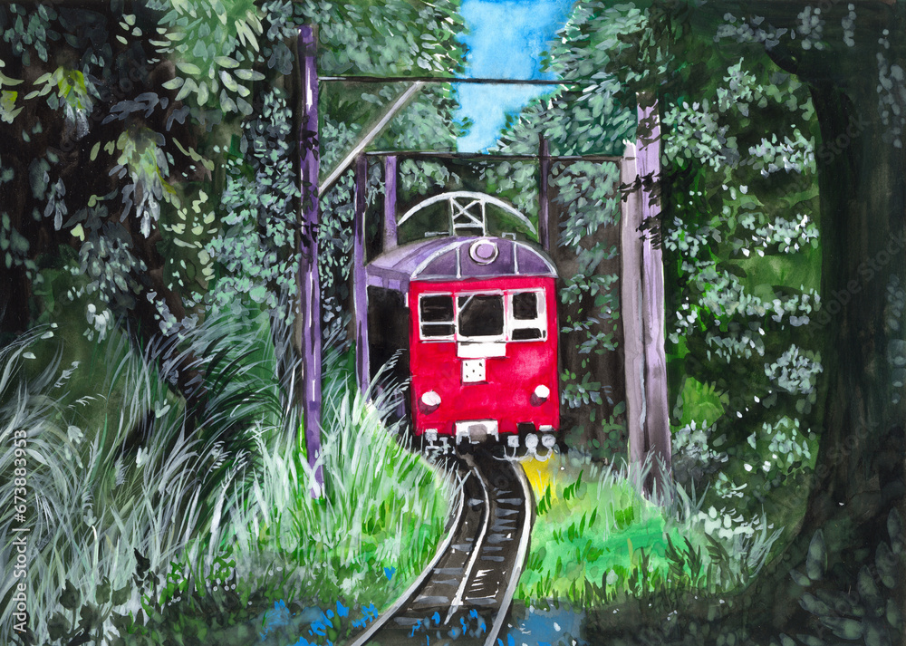 Gouache illustration of a summer landscape with a red train among dense ...