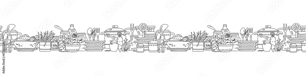 Seamless horizontal border with cooking pans and cans. Vector ...