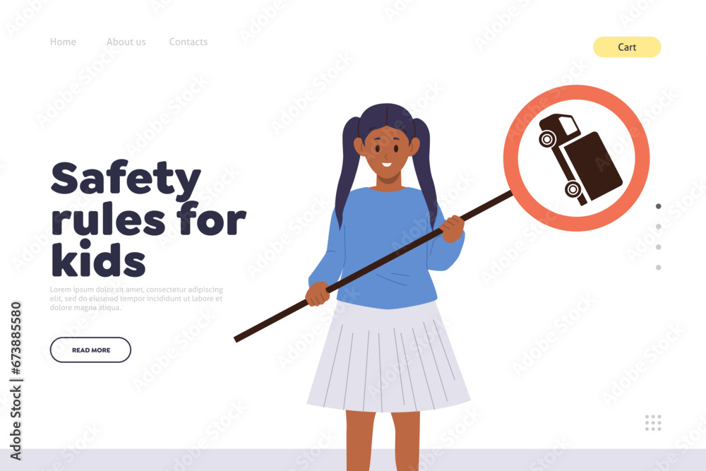 Safety rules for kids education online service landing page with girl ...