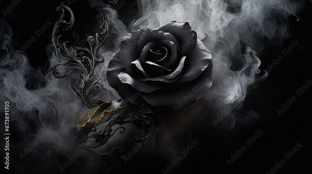 a black rose on a black background with white smoke and a black rose on ...