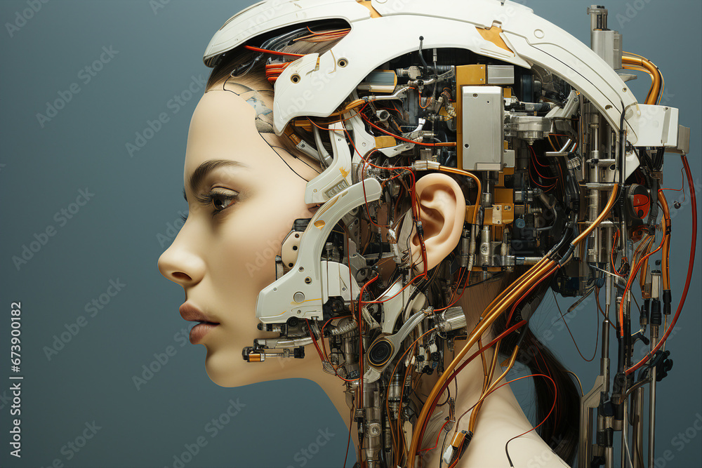Beautiful female robot head with artificial intelligence neurons made ...