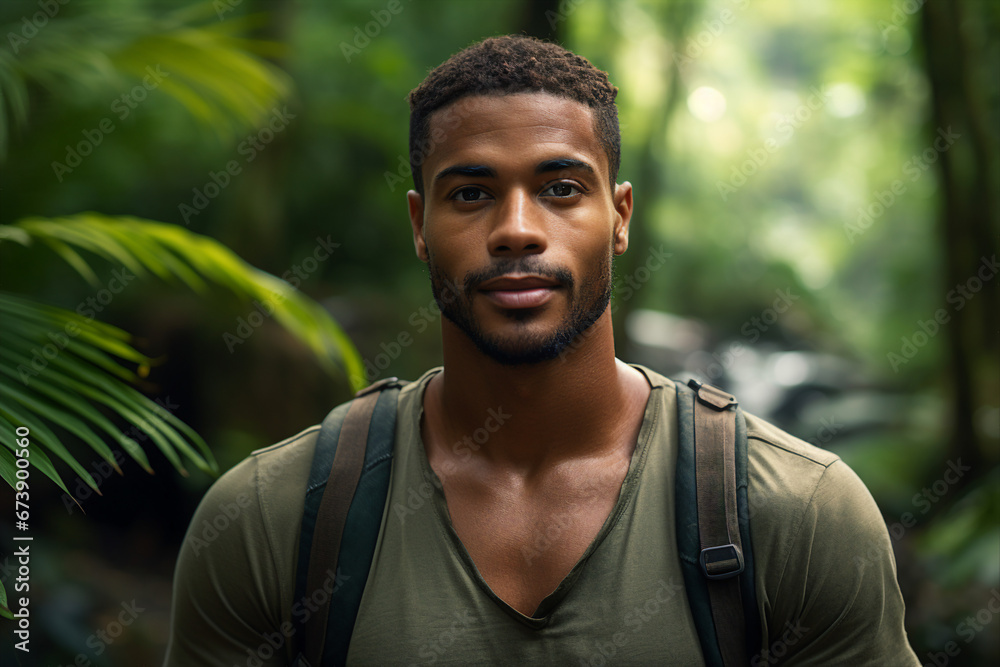 Generative AI image of handsome guy walking in green rainforest exploring nature Stock Photo ...