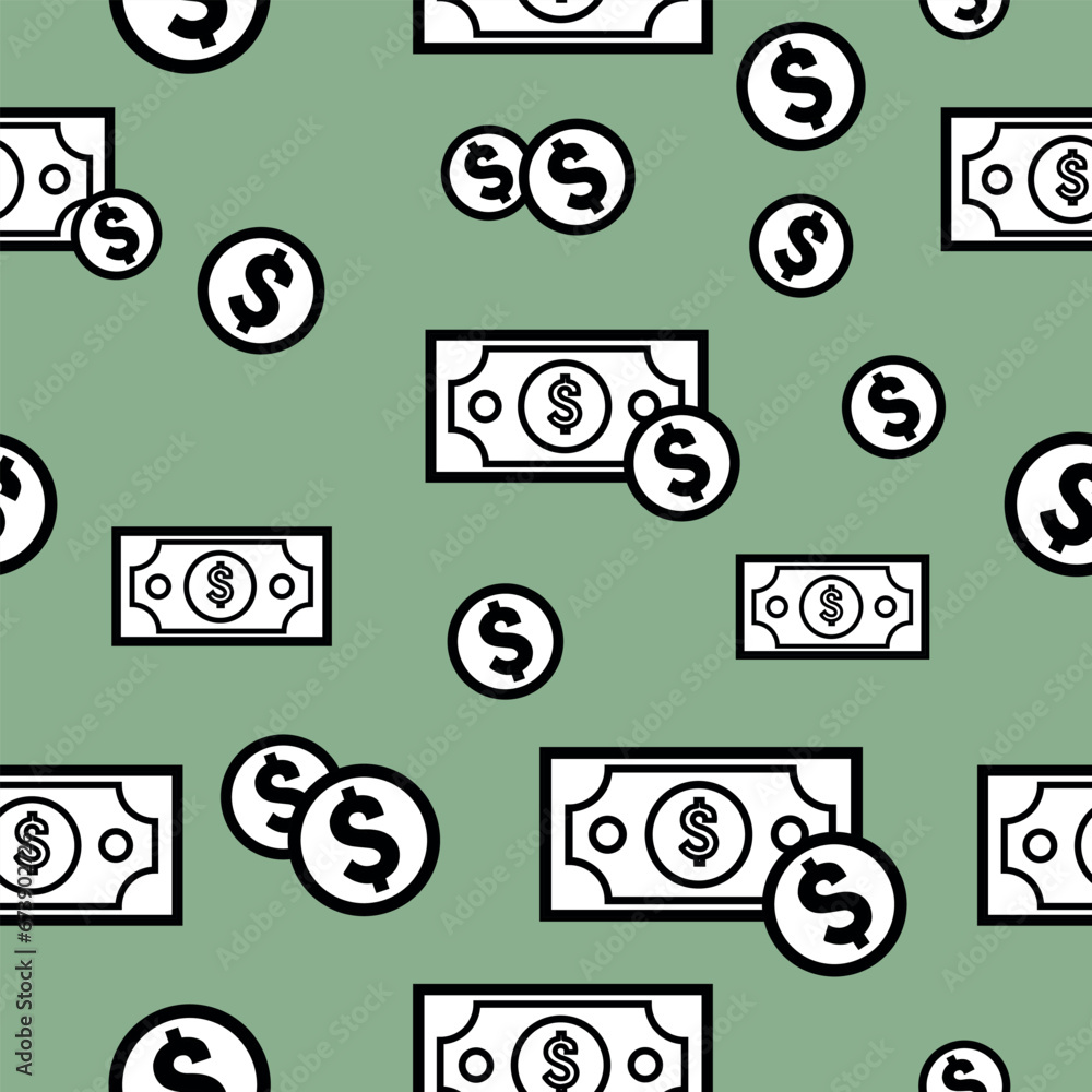 Vector Dollar Coins and Papers Seamless Pattern Outline Design. USA ...
