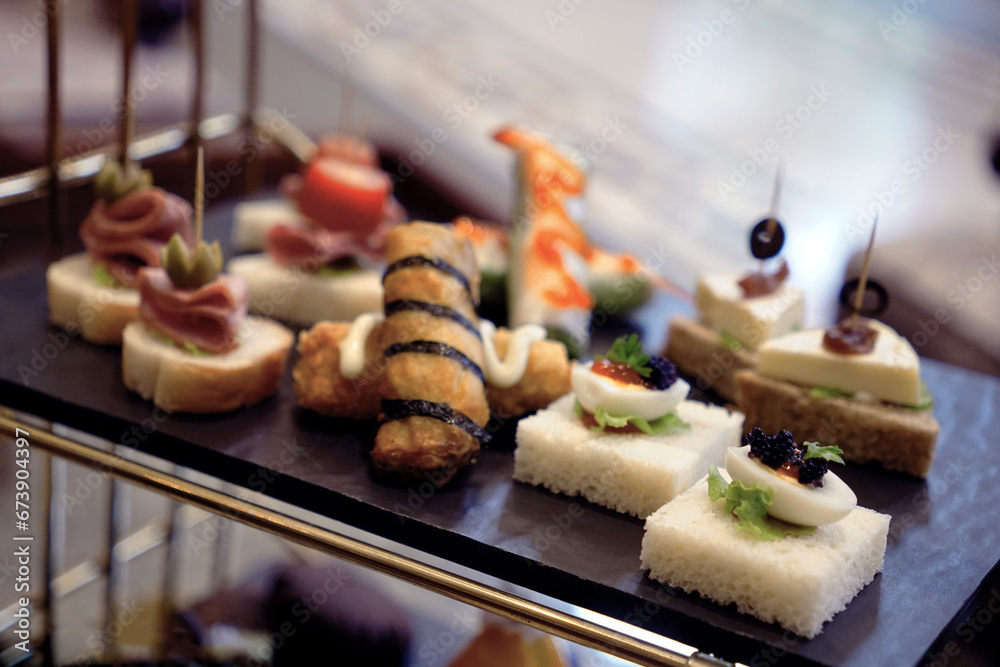 Savory Canapés and Appetizers for afternoon tea set Stock Photo | Adobe ...