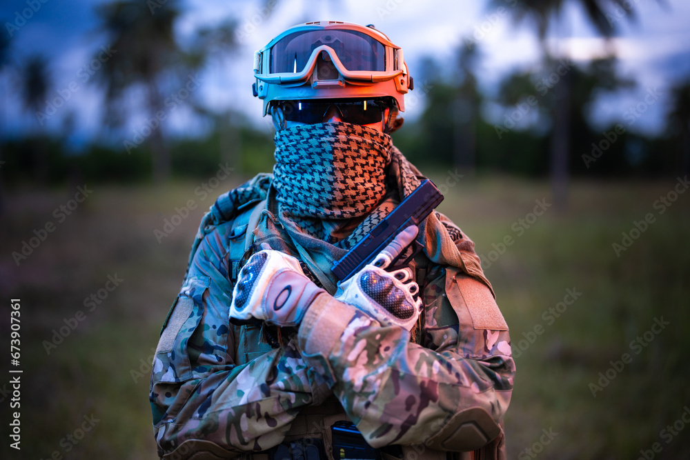 American soldiers wear camouflage uniforms and combat equipment. Put on ...