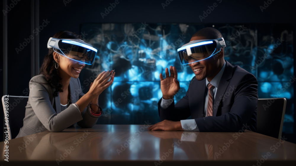 Generative ai coworkers multiethnnic using 3D vr goggles Stock ...
