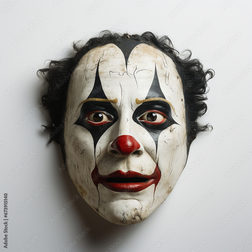 A vintage mask, with one side painted as a joyful clown and the other ...