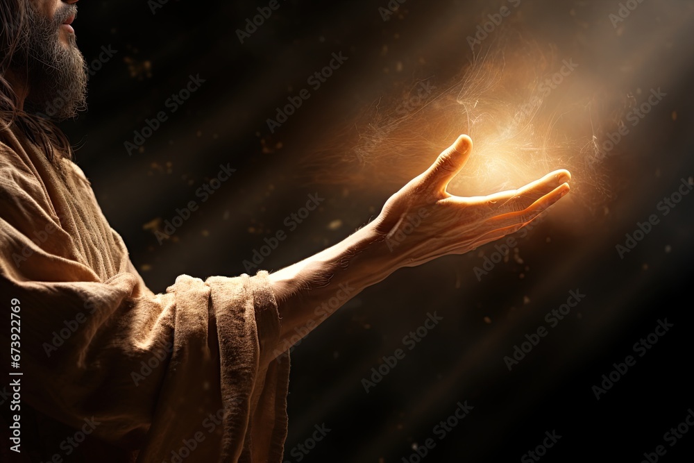Jesus Christ giving light. Hands emmiting light. Grace to the people ...