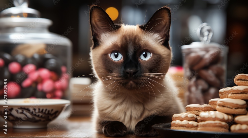 Siamese cat stealing gingerbread cookies, other sweets from the table ...
