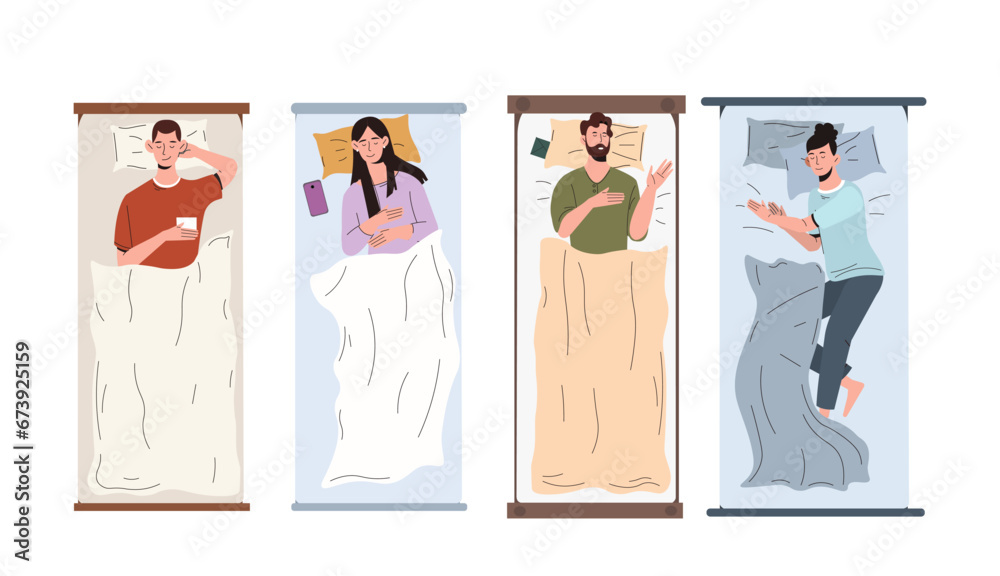 Sleeping people top view set. Men and women at beds. Rest and relax ...