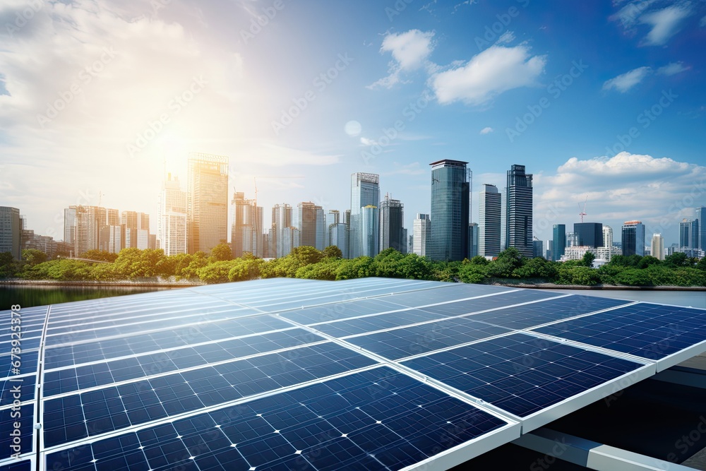 Solar panels to power a modern clean city with electricity. Modern city ...