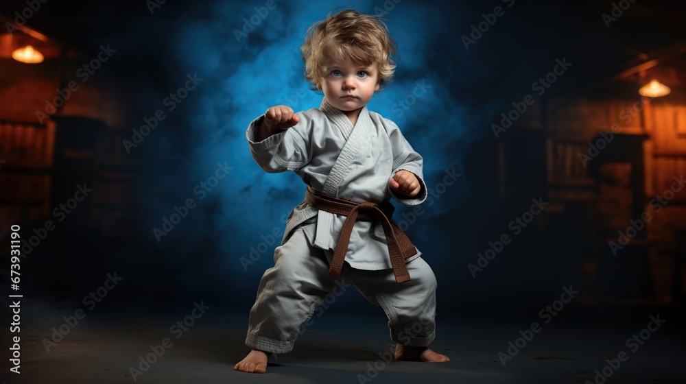 dynamic banner portrait of karate kid in uniform on black background ...