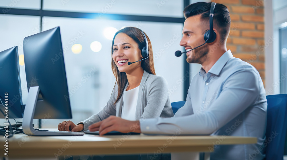 Telemarketing concept, Quiz show hosts in studio answering call using ...