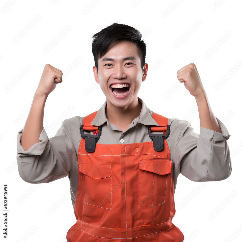 Asian workers raising their hands happy about a wage increase on ...