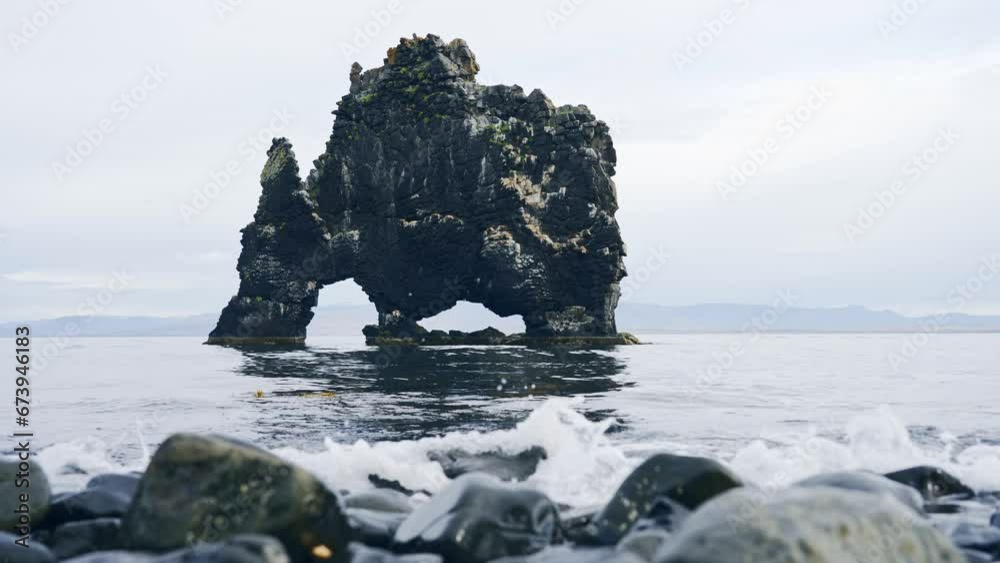Hvítserkur, huge sea stack in northern Iceland. Large basalt rock on ...