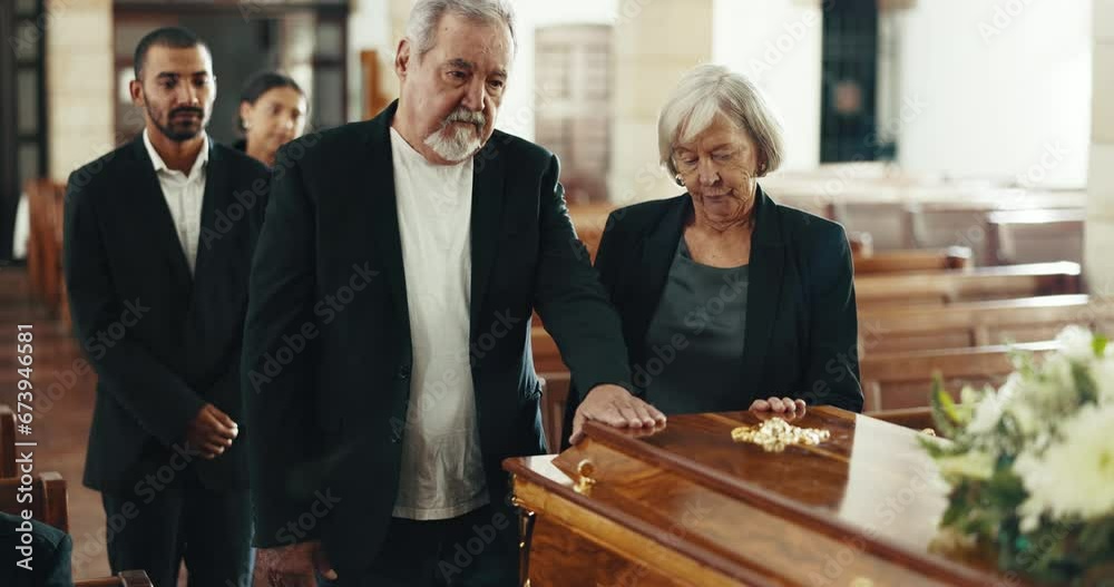Funeral, church and couple with hand on coffin for goodbye, mourning ...