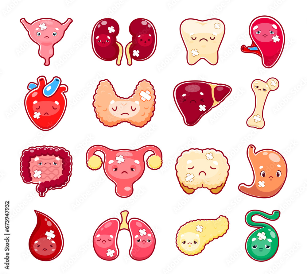 Cartoon sick body organ characters. Injured and unhealthy bladder ...