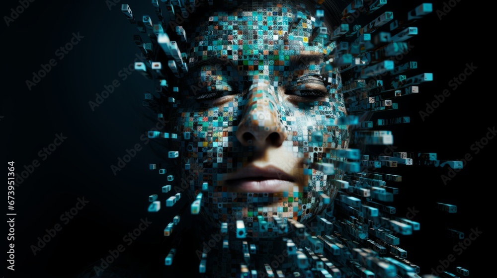 A visual metaphor of a person's face becoming pixelated in a sea of ...