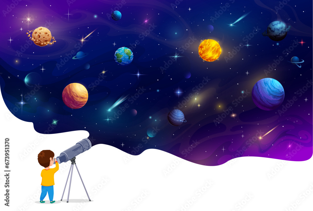 Boy kid looking through a telescope space planets at night, vector ...