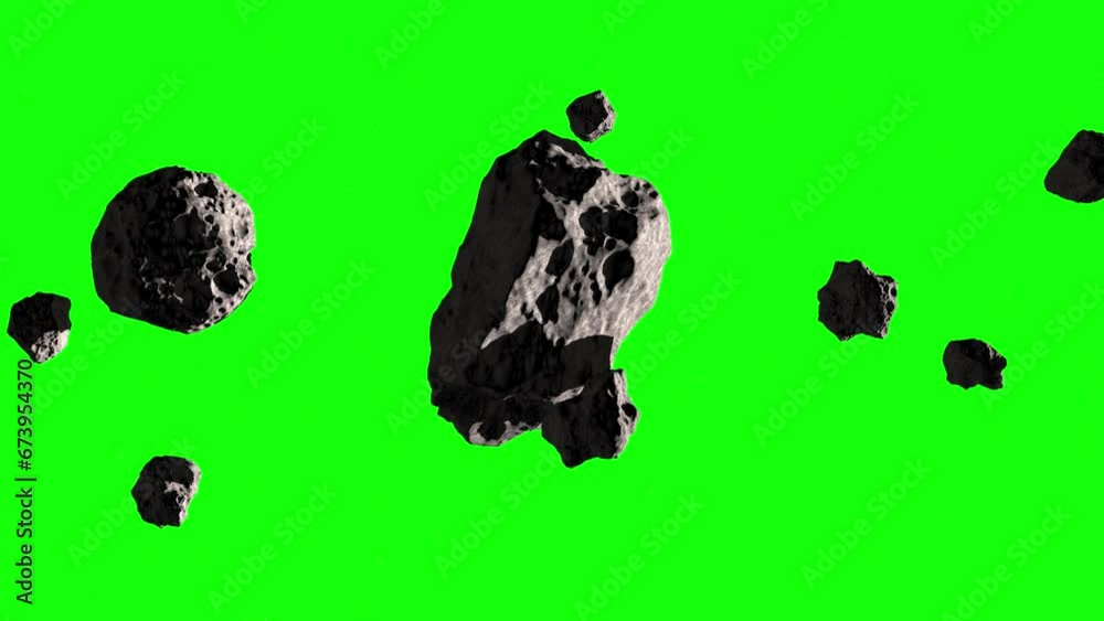 Asteroids on green screen. Asteroid flies and rotates slowly from left ...