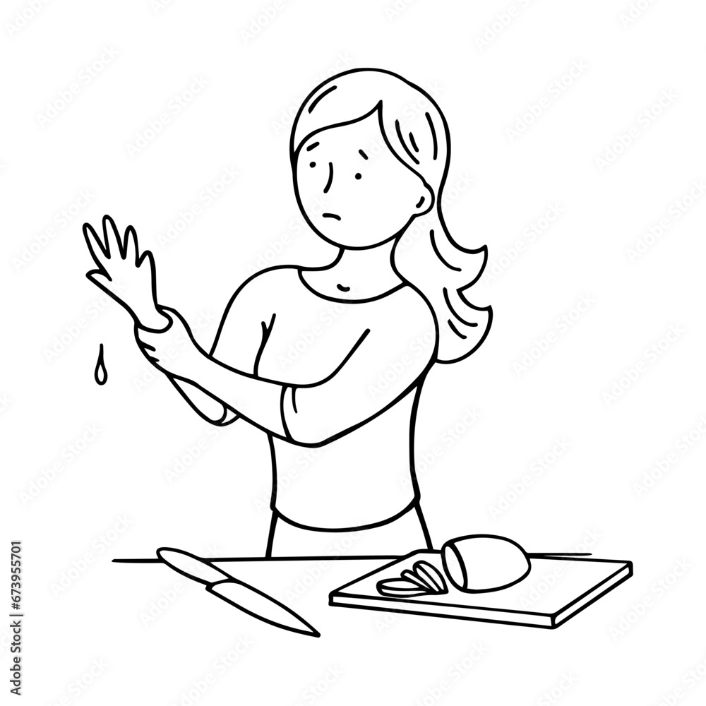 Vetor de A woman cut her hand with a knife in the kitchen. Domestic ...