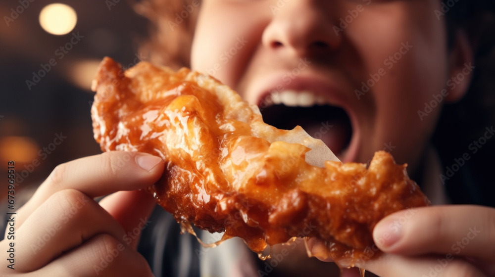 man eating a takeaway fried chicken wing from fast food cafe with a ...