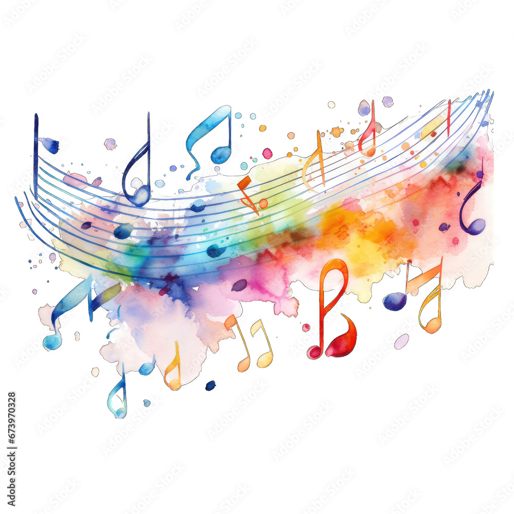 Abstract Music notes, rainbow colors in a watercolor paint splash ...