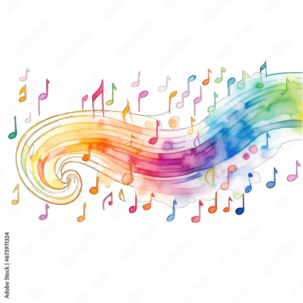Abstract Music notes, rainbow colors in a watercolor paint splash ...