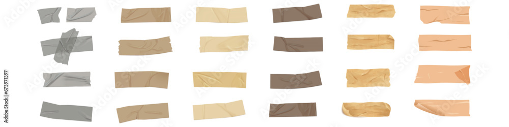 Adhesive tape of different shapes and lengths, wrinkled, torn, crooked ...