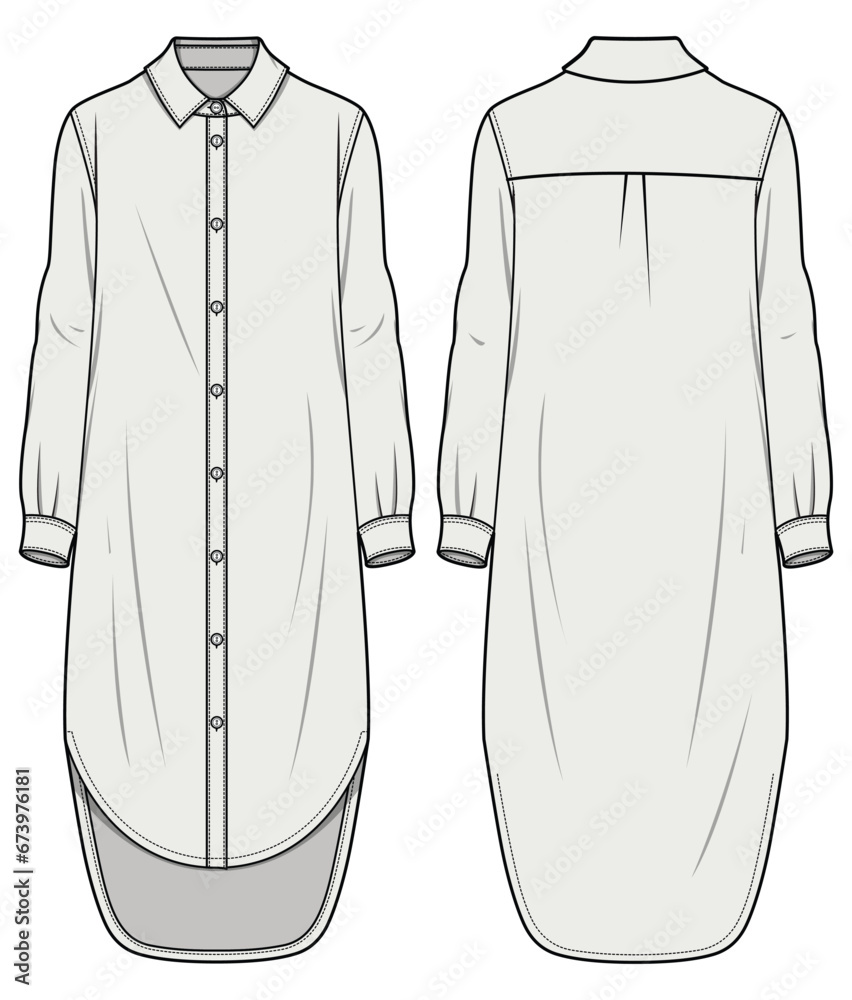 Collared Long Sleeve Button Down Back Long Kurta Shirt Dress Front and ...