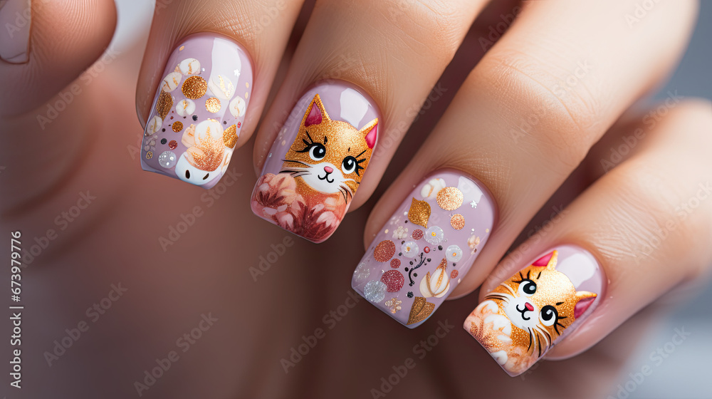 Acrylic Nails with Cute Cats Art and Boho Florals, Artistic Nail ...