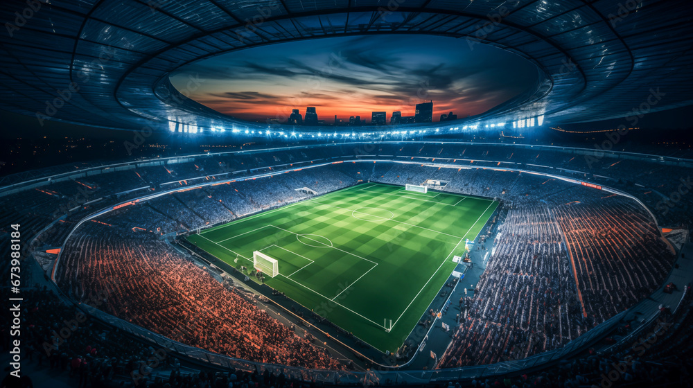 Evening view of a large football stadium full of fans and stands ...