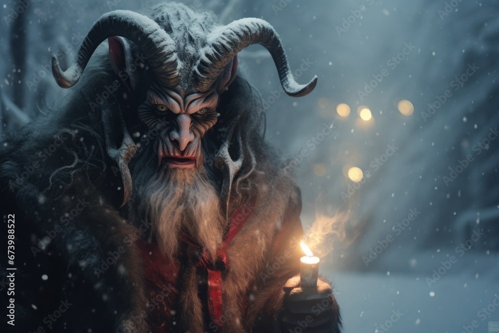 Krampus Christmas in a Snowy Forest in a Moonlit Night Carrying a ...