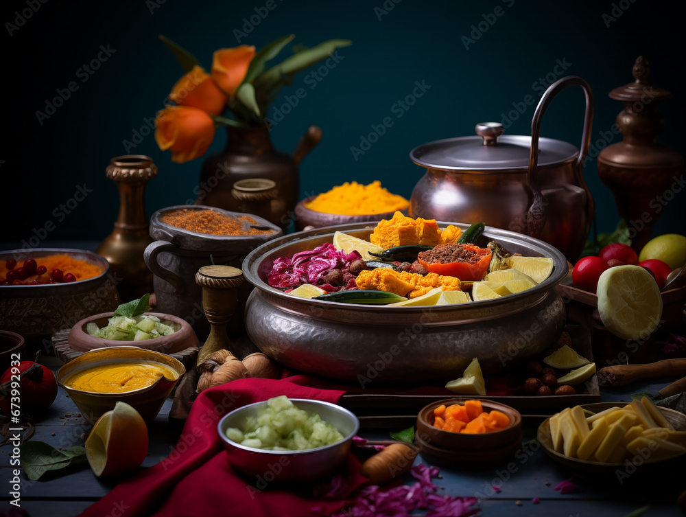 Various festive Indian dishes featuring rogan josh, chicken tikka ...