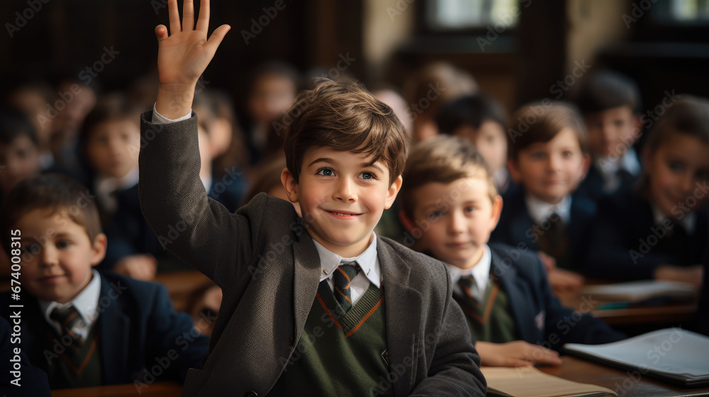 student at a desk in a school class raises his hand, child, smart kid ...