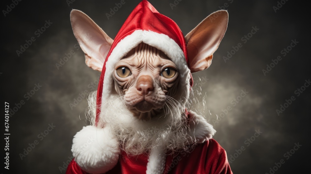 Sphinx cat with a beard in Santa Claus costume picture with a blurred ...