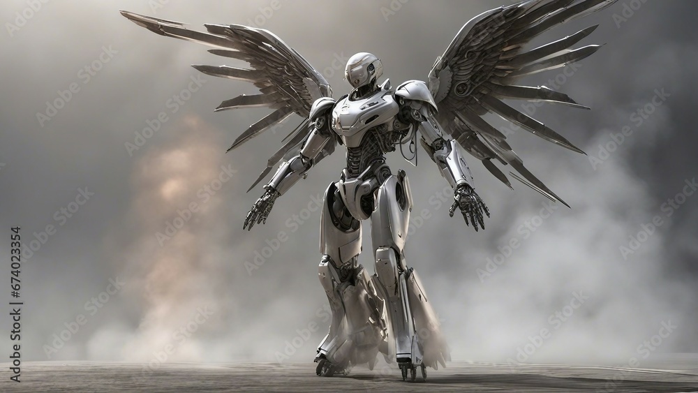 the light of an evil future angel cyborg, angel half robot with flesh ...