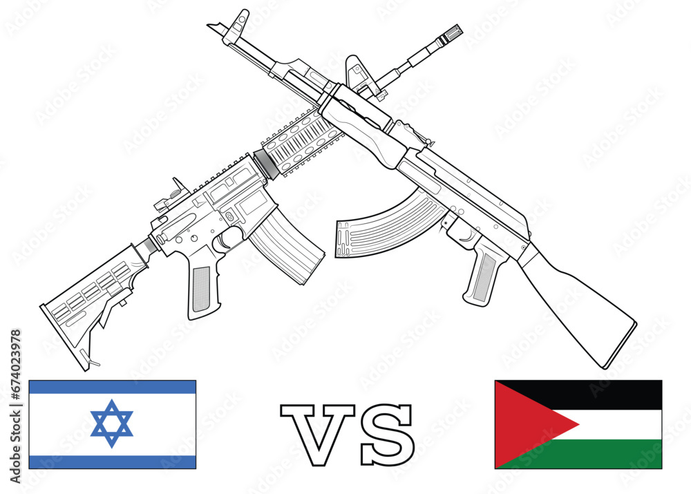 Vector illustration of two crossed rifles, M4 versus AK47 and the flags ...