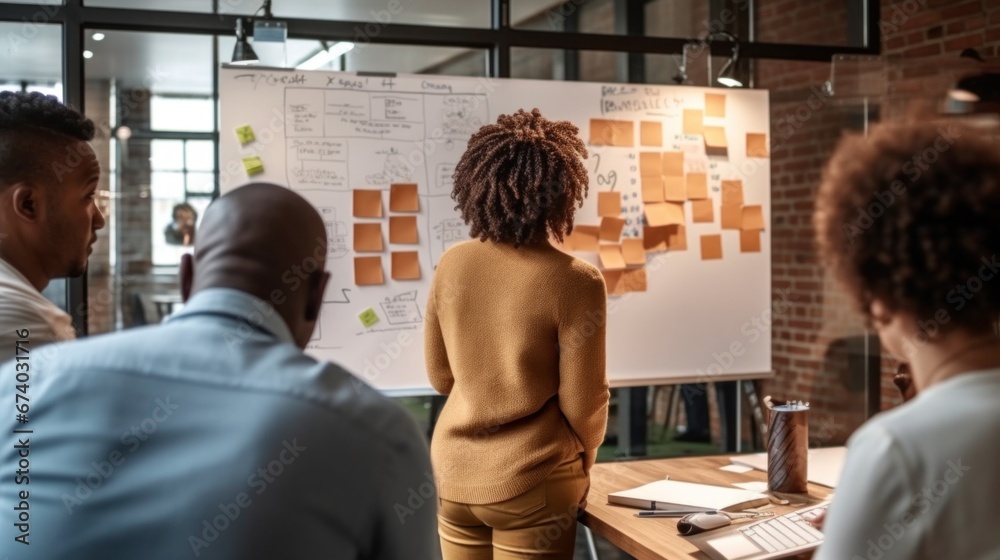 Back view of an afro woman entrepreneur leads a brainstorming session ...