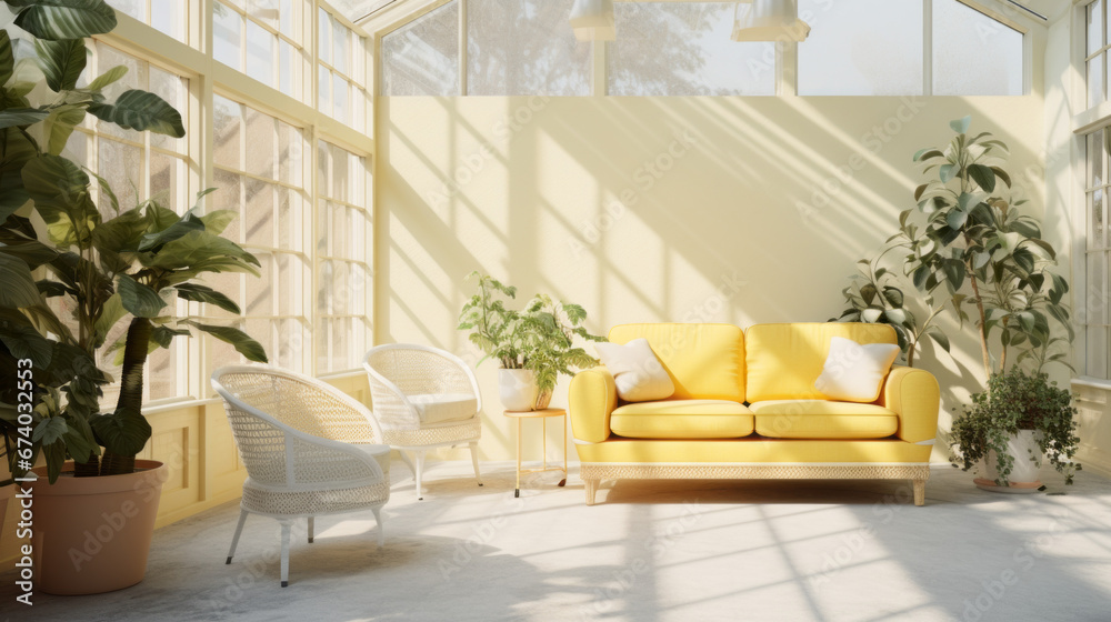 an airy sunroom with pale yellow walls and white tile floors and a ...