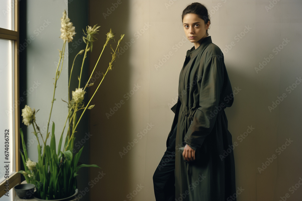 Realistic digital painting of a white fictional model posing in a large ...