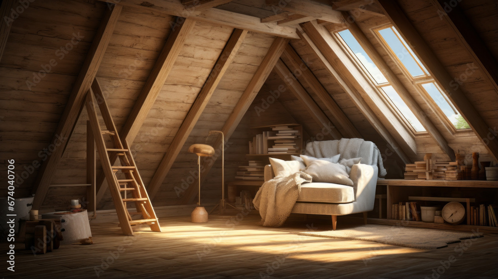 An attic with exposed beams and a sloped ceiling is filled with natural ...